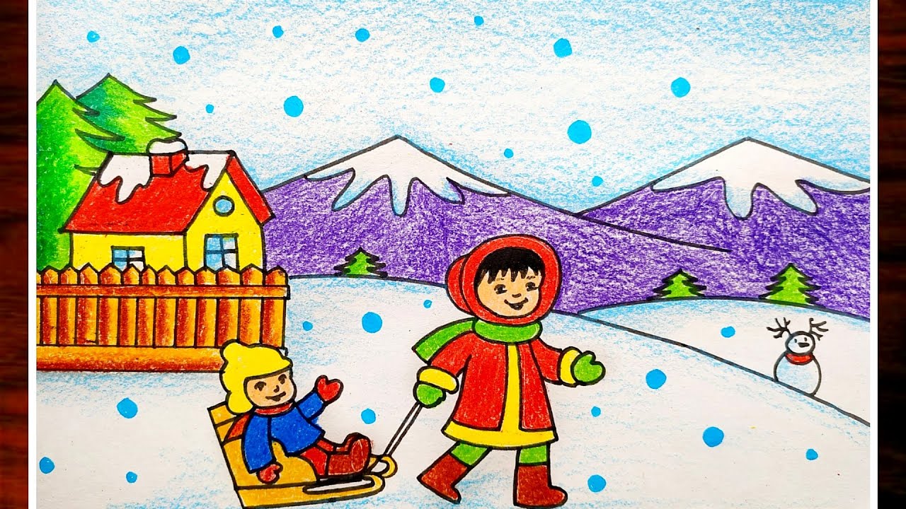 Winter Season Scenery Drawing|How To Draw Snowman|Christmas Special ...