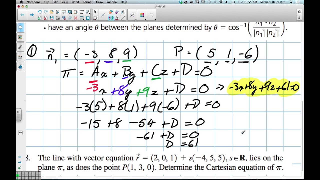Cartesian Equation of a Plane Grade 12 Calculus and Vectors Lesson 8 5 ...