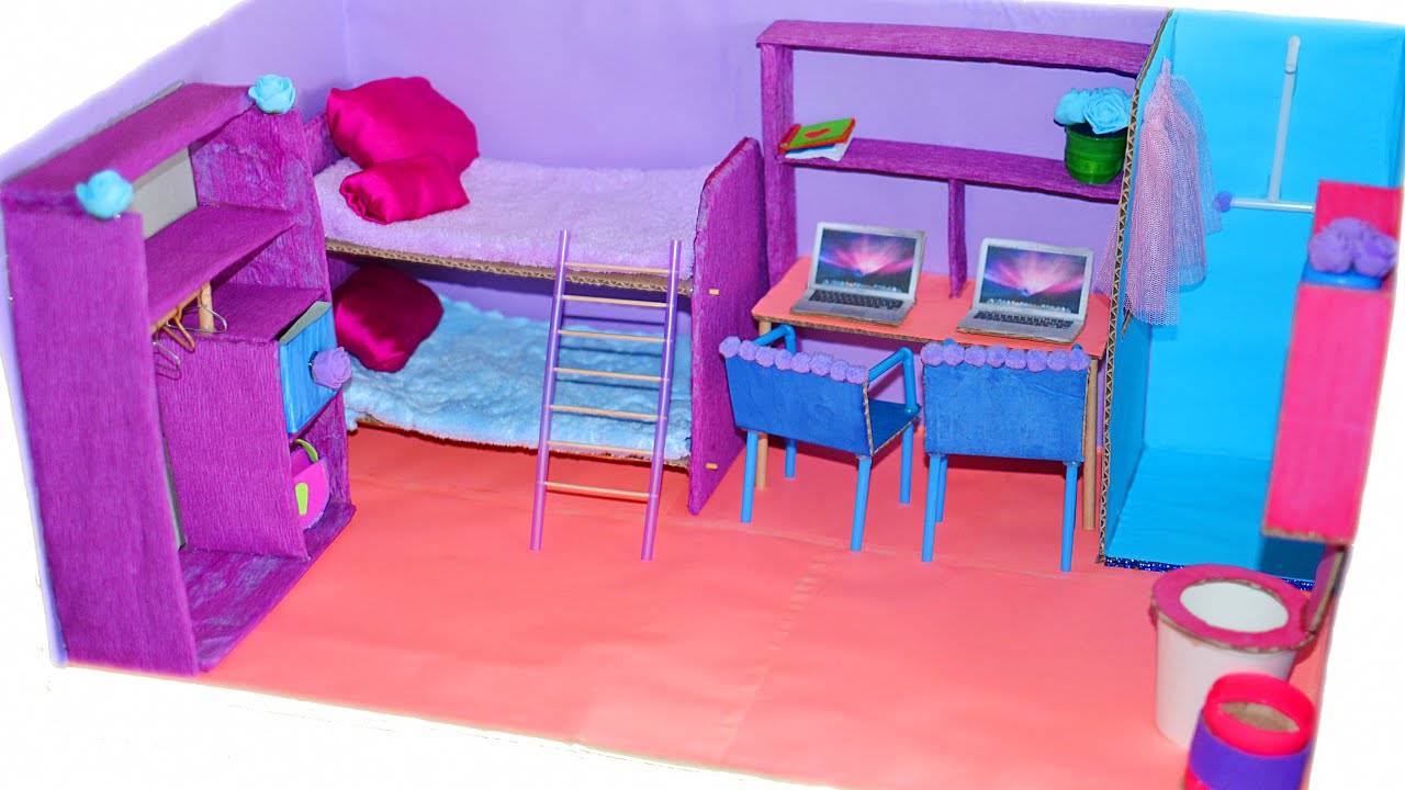 DIY Miniature Cardboard House bathroom, bedroom, living room for two ...