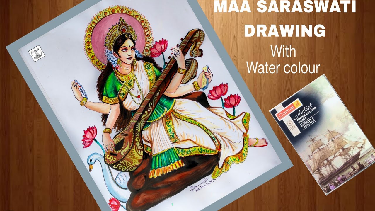 How to paint Saraswati Mata/ Watercolor Painting/ Saraswati Puja Special painting/ tutorial ...