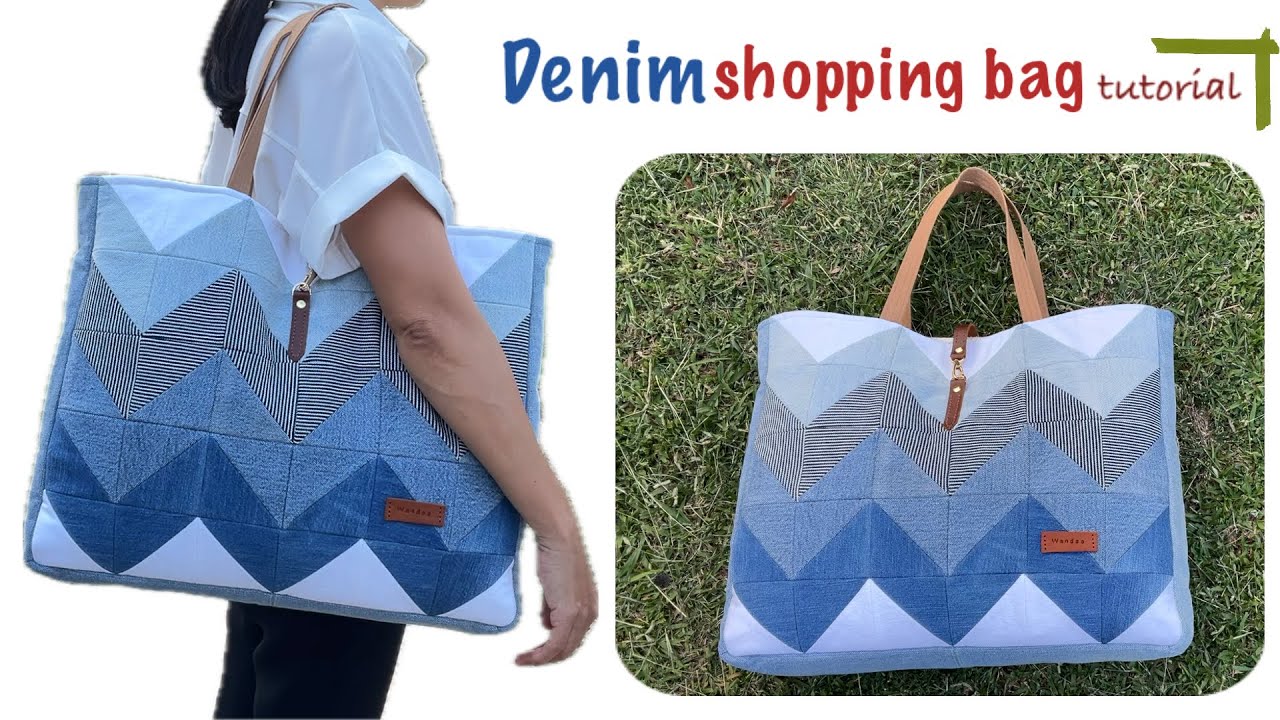 Sewing diy denim patchwork large shopping bag tutorial ,Diy denim tote ...