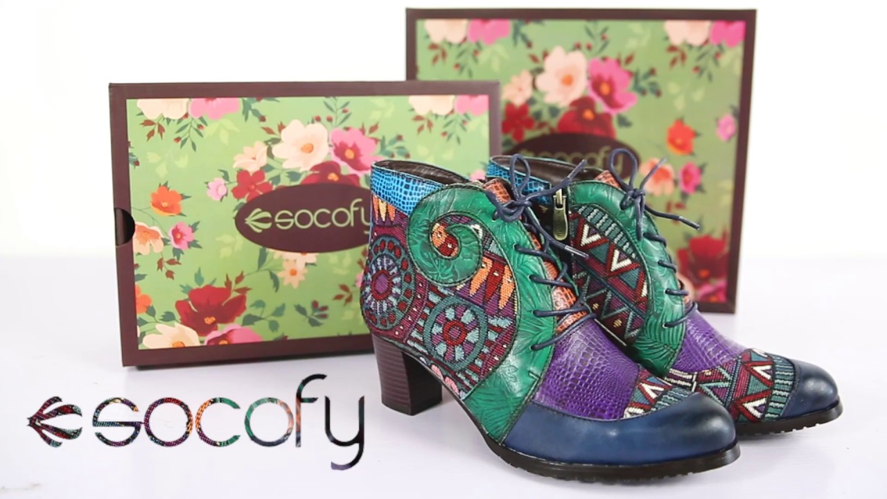 SOCOFY Vintage Splicing Lace-up Block Heel Booties - YouTube