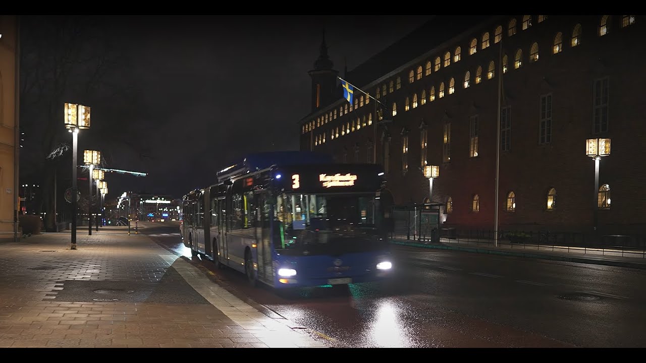 Sweden, Stockholm, bus 3 night ride from Stadshuset to Fleminggatan ...