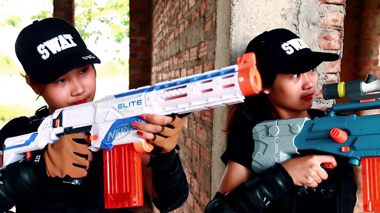 Superhero action S W A T GIRL Nerf guns Diamond Robbery Hero man rescue Lady Nerf war 2 - YouTube