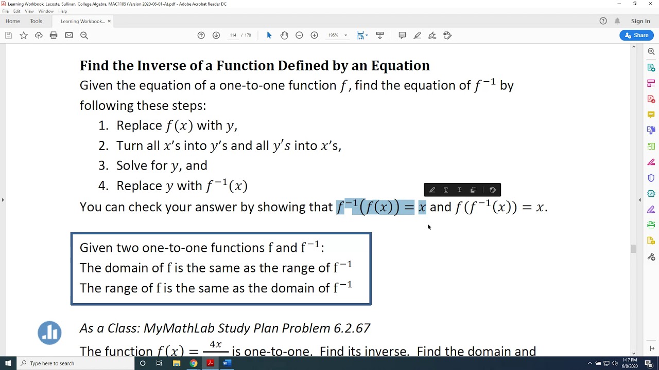 Determining The Inverse Of A Function Part 4 Youtube