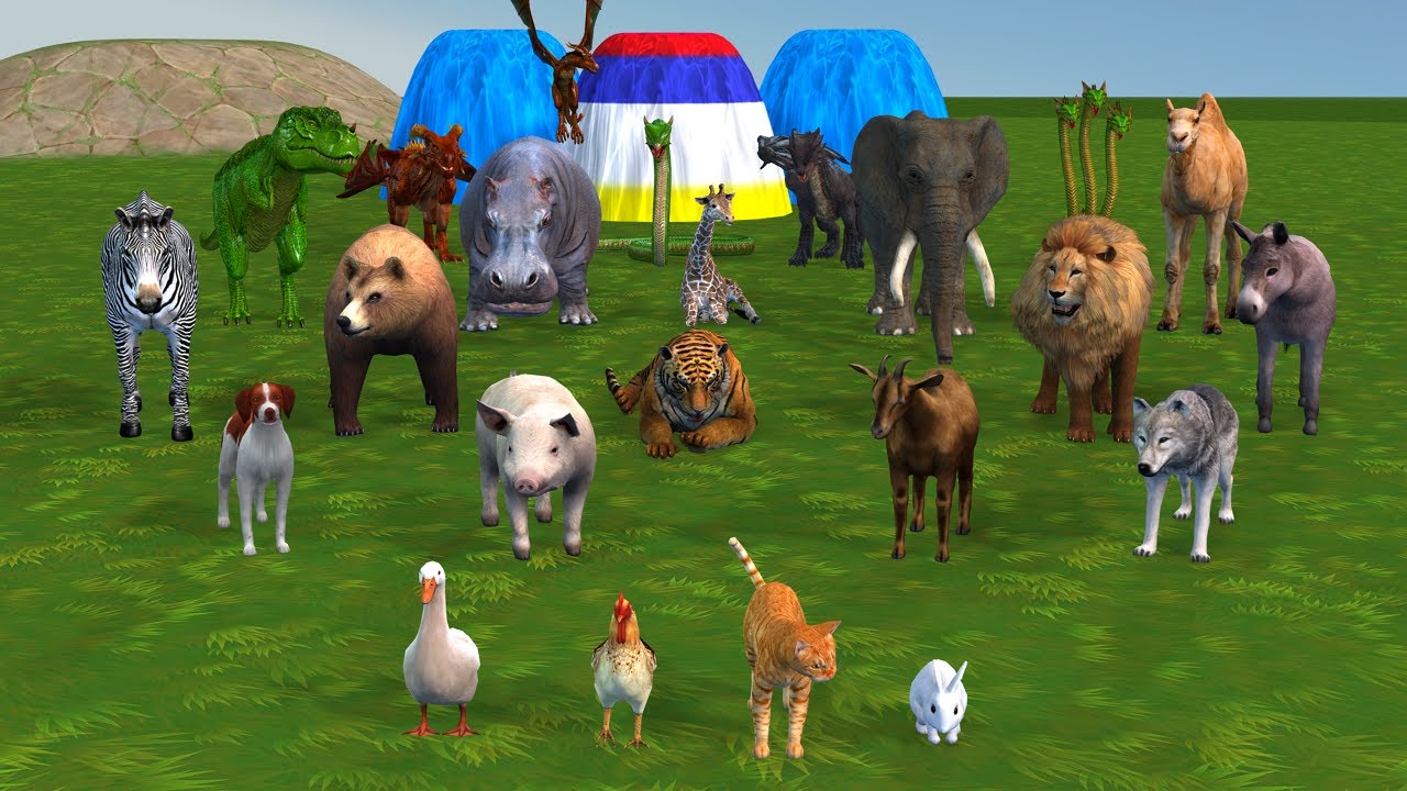 Lion Tiger T-Rex Dragons And others Wild Animals Crossing Fountain and ...