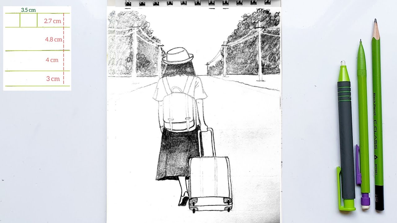 Easy step by step drawing girl with suitcase》easy drawing with pencil ...