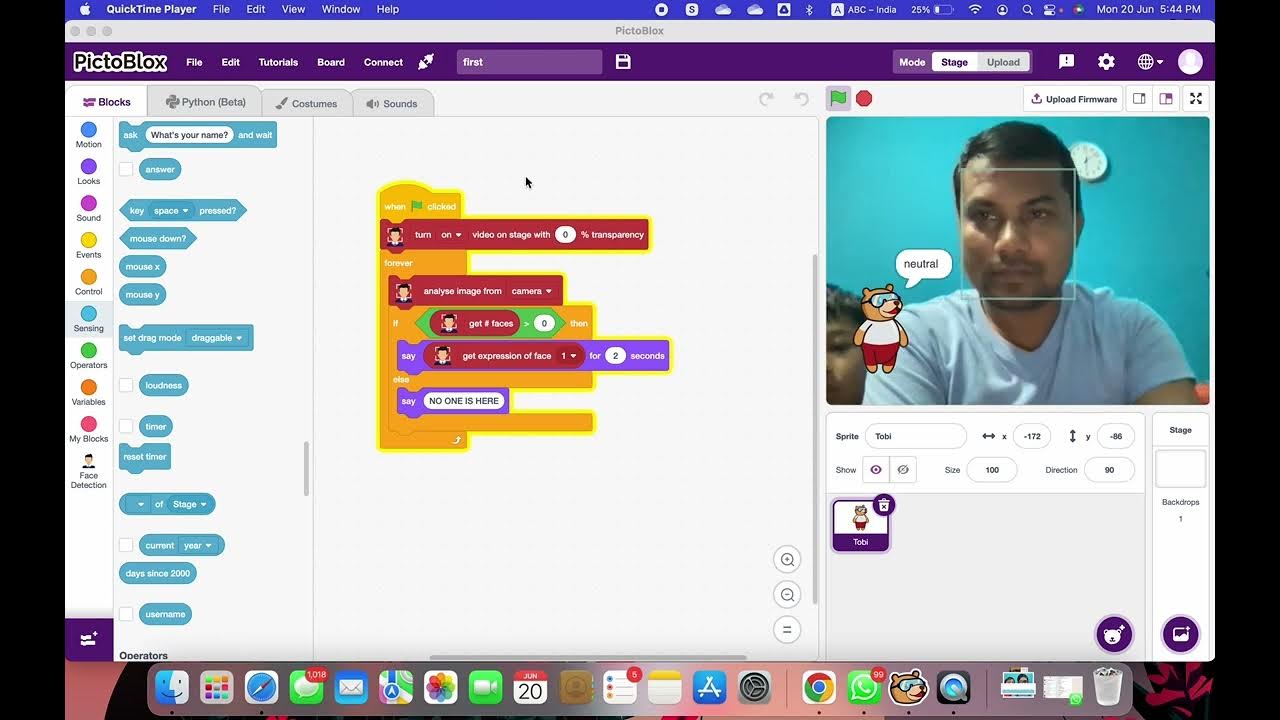 Face detection program using block coding pictoblox - YouTube