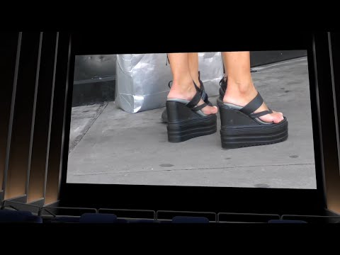 Candid Feet In Black High Wedges Standing In The City