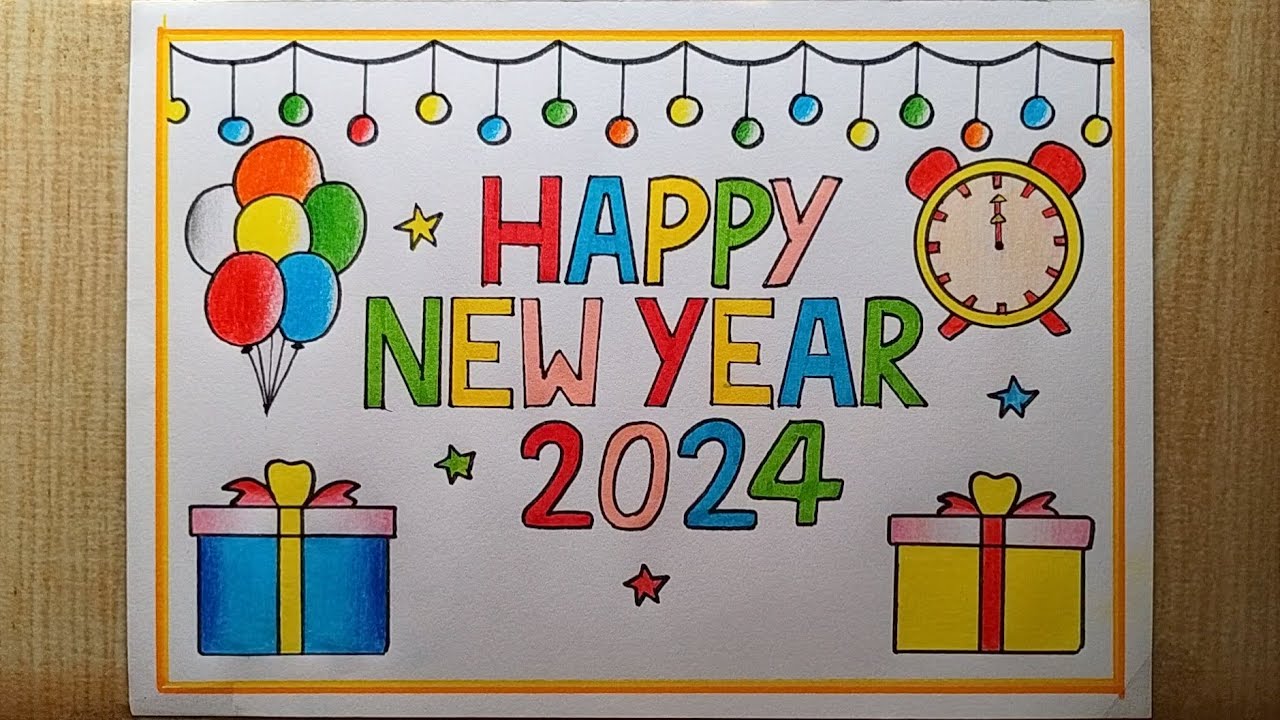 Happy New Year 2024 Drawing easy| Beautiful 😍 New year Card drawing ...