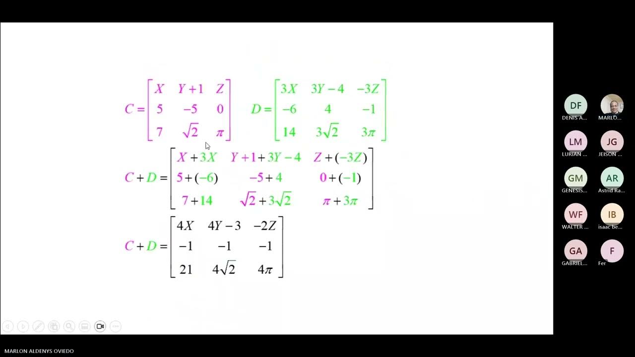 Clase de Suma y Resta de Matrices y producto escalar y sus propiedades, operaciones combinadas ...