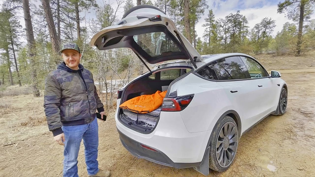 Car Camping with a Tesla Model Y Electric Vehicle in CAMP MODE - YouTube
