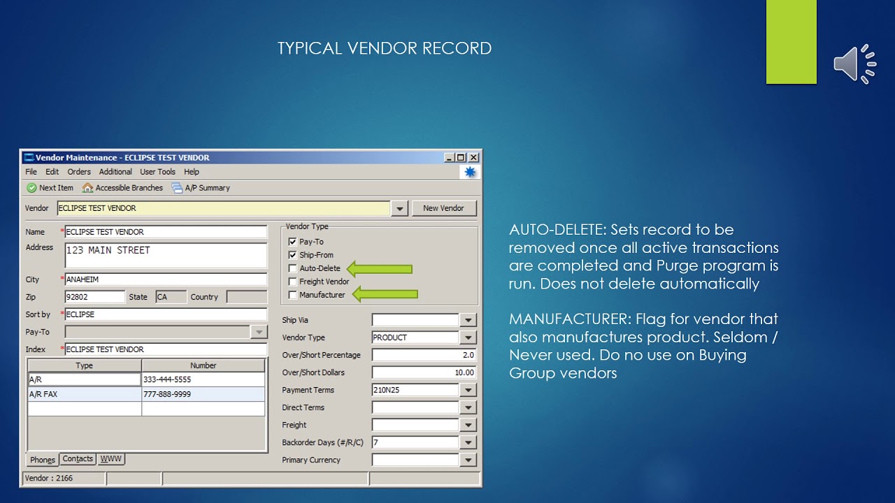 Epicor Eclipse ERP Vendor Maintenance - YouTube