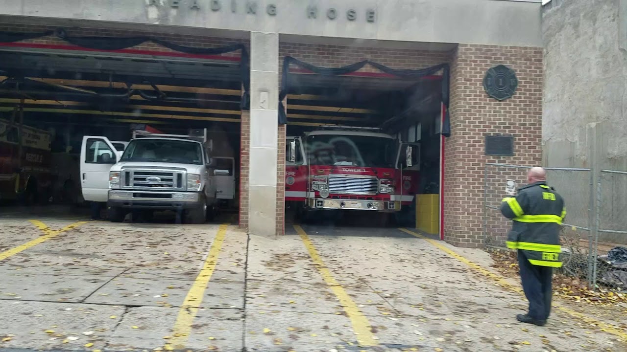 Driving by Reading Fire Department Tower Ladder 1, Rescue 1, and Rescue ...