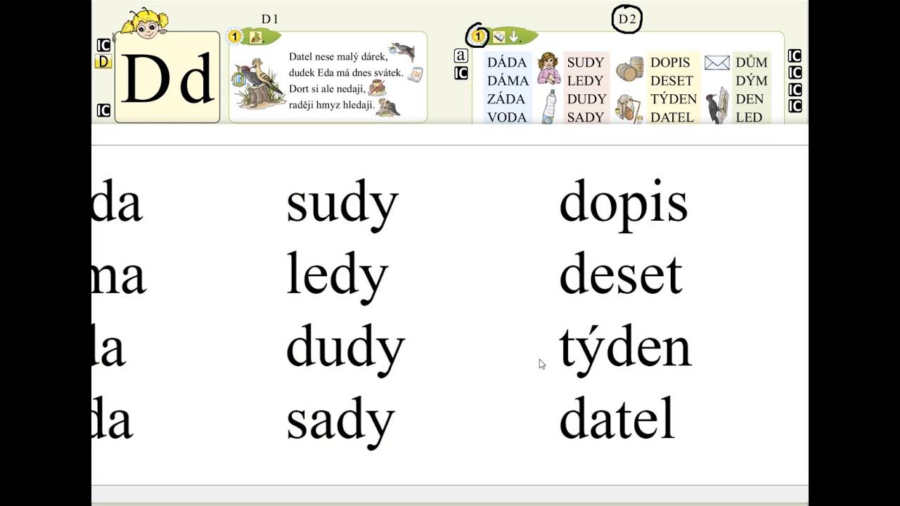 Písmeno D (čtení slov), SLABIKÁŘ 1, str. 31, cv. 1 - YouTube