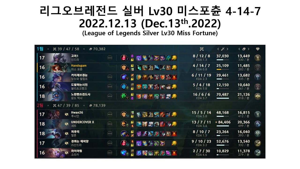 리그오브레전드 실버 Lv30 (4-14-7) 미스포츈 승리(Win) 2022.12.13(League of Legends ...