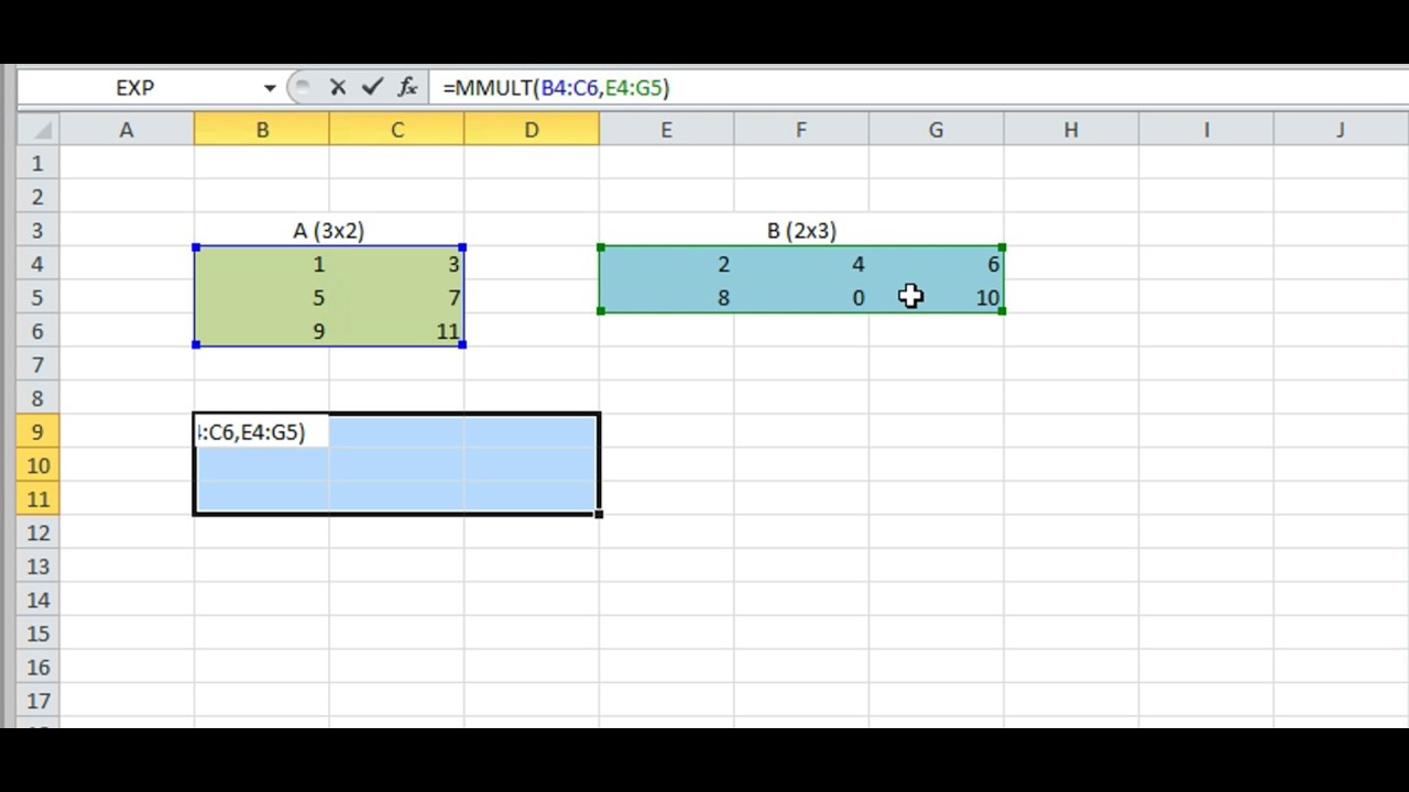 Multiplicación de dos matrices en Excel | Álgebra lineal - YouTube