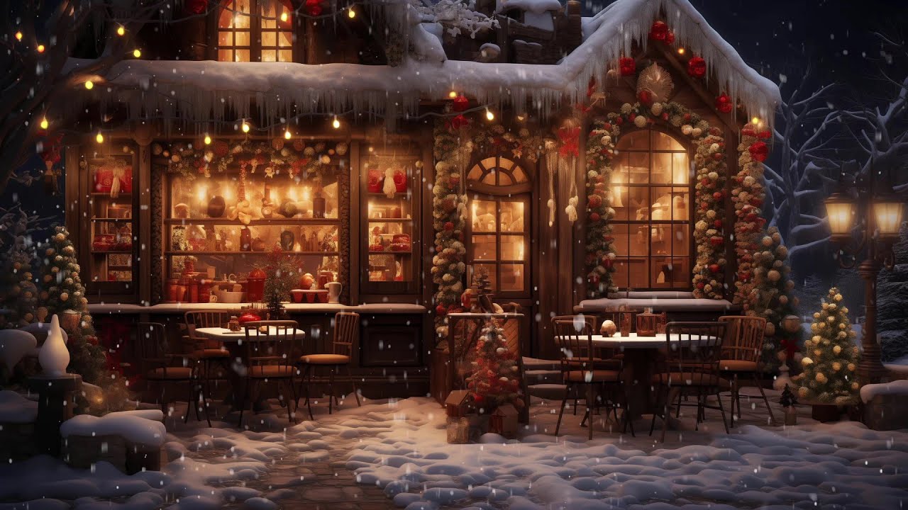 Nightly Snow at Coffee Shop Ambience with Mellow Jazz Winter (Snowfall ...