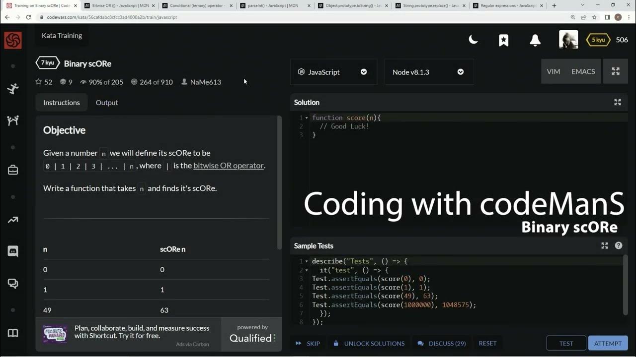 Codewars 7 kyu Binary scORe JavaScript - YouTube