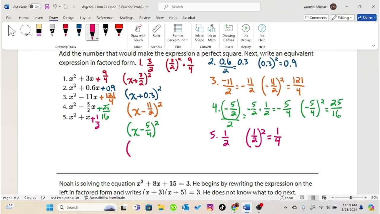 Algebra 1 Unit 7 Lesson 13 Practice Problems - YouTube