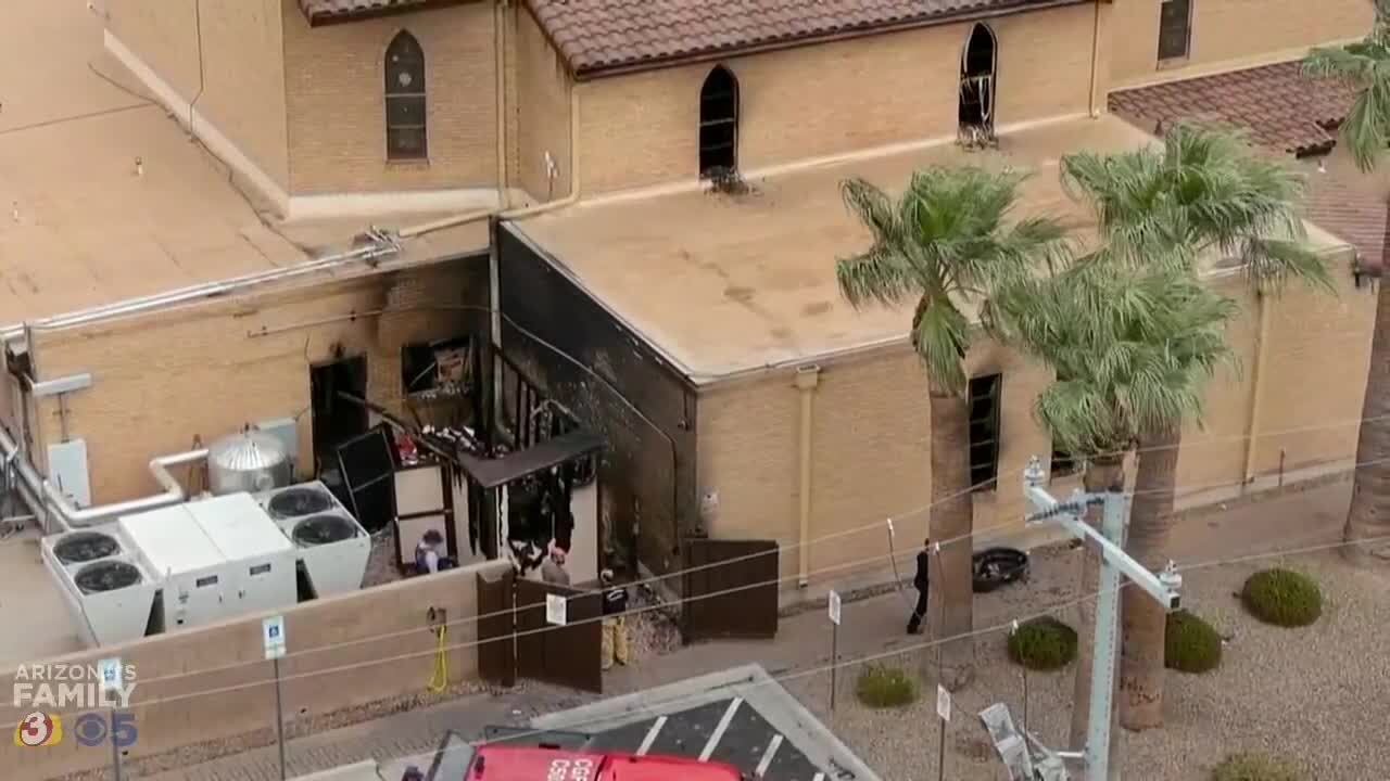 Drone video captures damage left from fire at Casa Grande church - YouTube