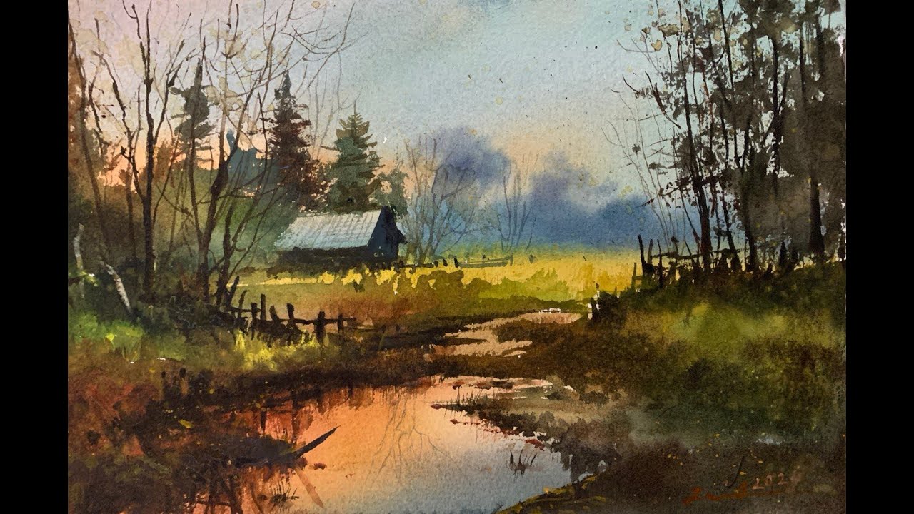 Watercolor painting tutorial- River scene - YouTube