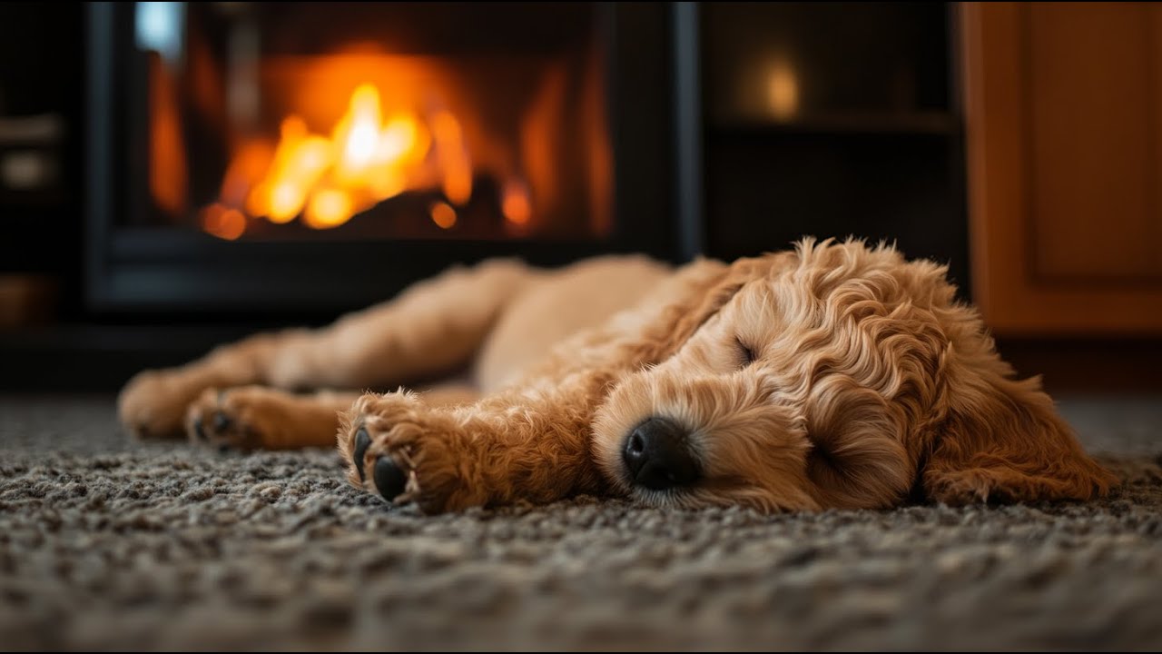 Cozy Fireplace with a Sleeping Labradoodle Puppy 🐾🔥 10 Hours of Warmth ...