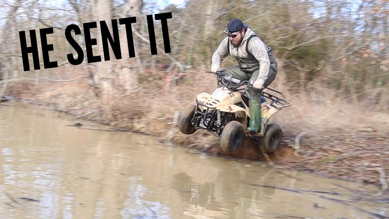 KID 4 WHEELER FULL SENDS INTO POND!! - YouTube