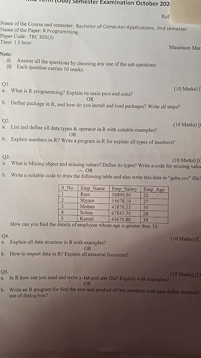BCA 3rd sem mid exam R programming 2024 #gehu - YouTube