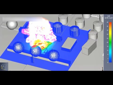 PyroSim [화재]_____석유 화학 공장 Fire Ball 폭발_____Heat Flux, Radiative Heat ...