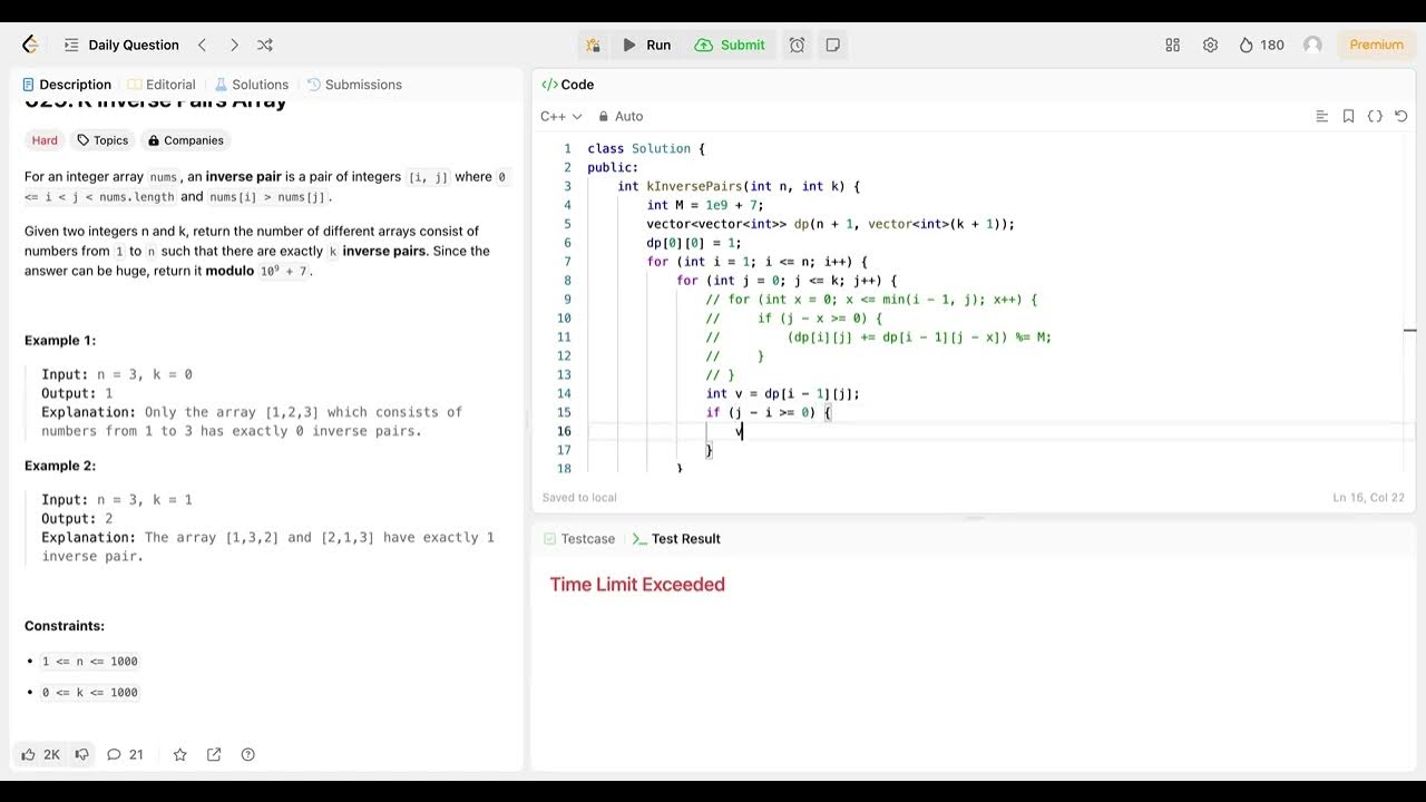 Leetcode Dcc January 2024 Day 27 629 K Inverse Pairs Array Youtube