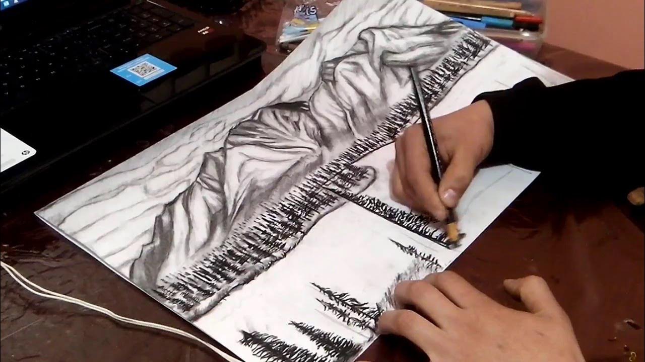 How to draw a pine tree landscape by pencil step by step - YouTube