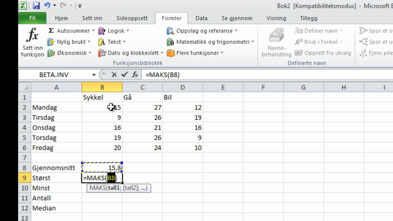Excel - funksjoner: gjennomsnitt, median, størst, minst og antall - YouTube