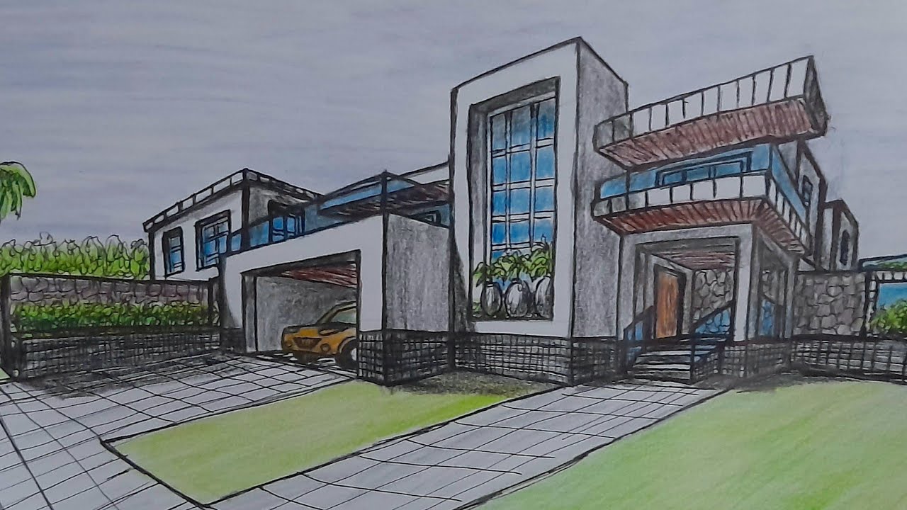 Comment dessiner une villa moderne en perspective de 2 points de fuite ...