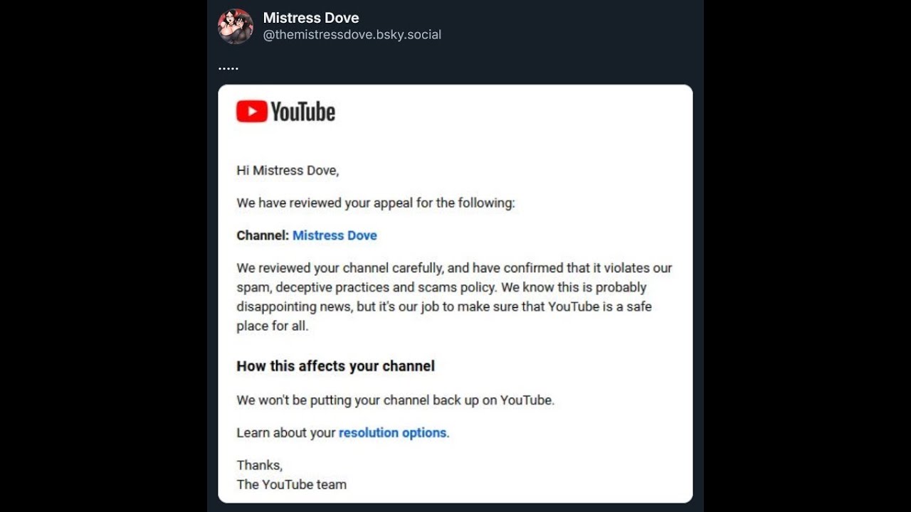 [RESOLVED] Mistress Dove's channel got deleted. - YouTube