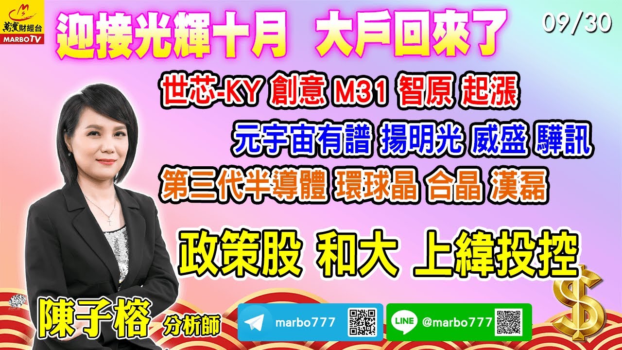 2022/09/30 迎接光輝十月 大戶回來了 世芯-KY 創意 M31 智原 起漲元宇宙有譜 揚明光 威盛 驊訊第三代半導體 環球晶 合晶 漢磊政策股 和大 上緯投控 陳子榕分析師 ...