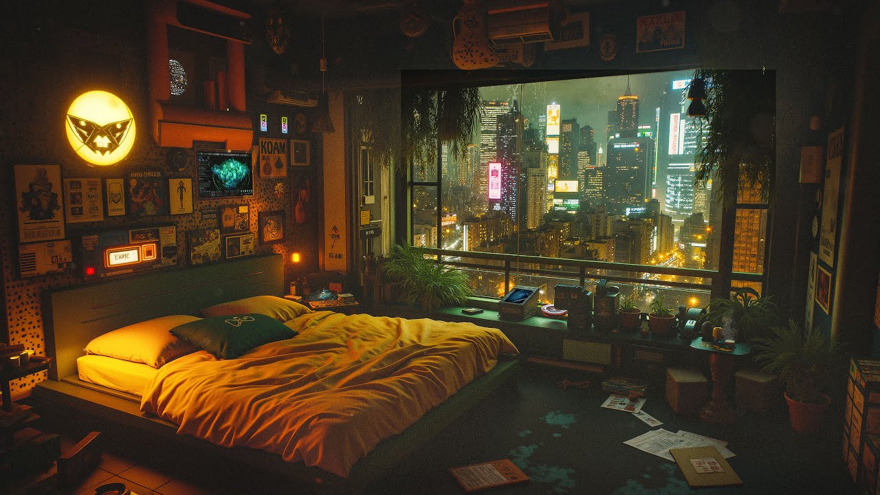 🎵 Cozy Cyberpunk Loft: Rain and Ambient Music - Cyberpunk Bedroom above ...
