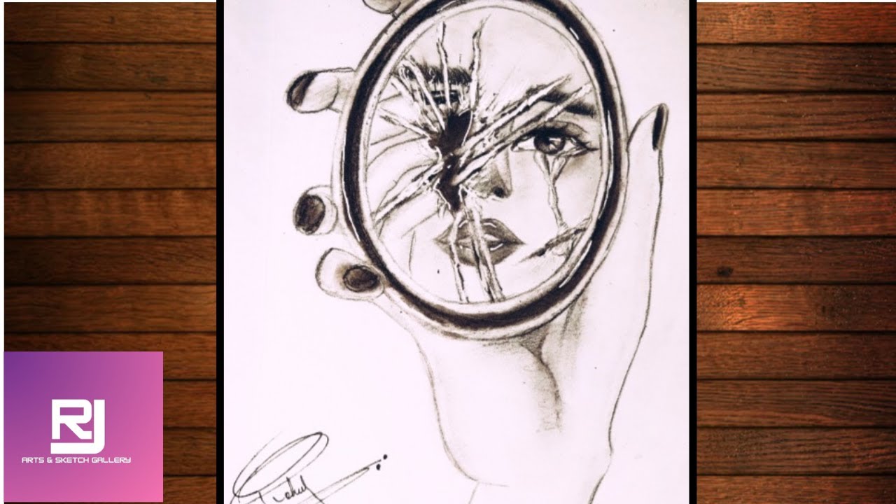 How to draw a sad girl face reflected on a broken mirror for beginners ...