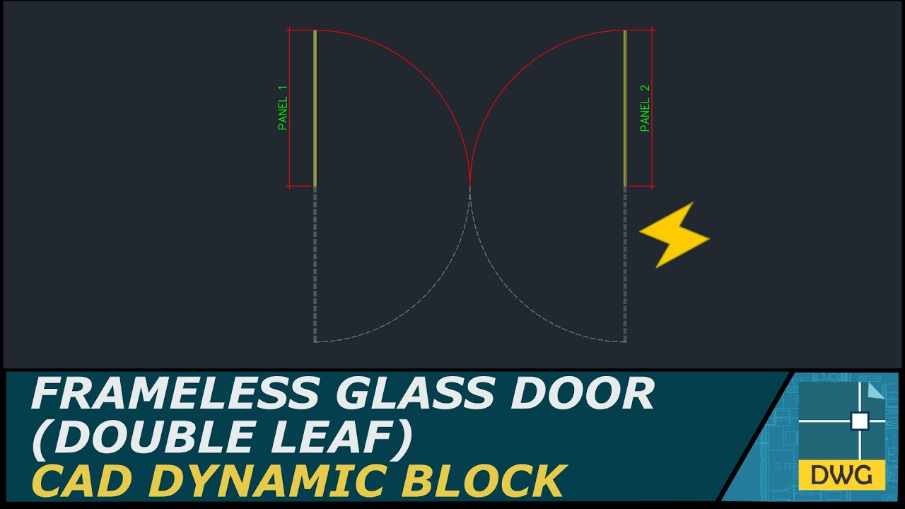 Frameless Glass Door (Double Leaf): AutoCAD Dynamic Block (Plan View ...
