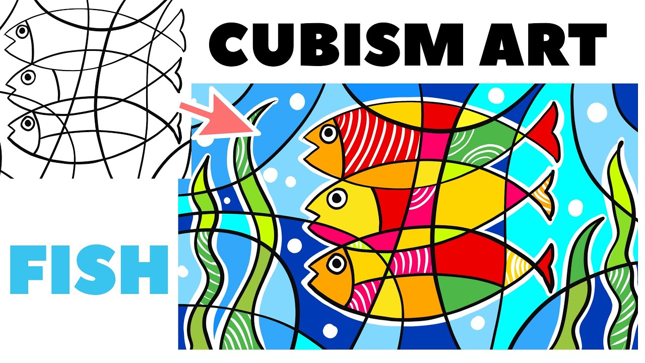 CUBISM ART drawing tutorial of colourful fish for kids | How to DRAW ...