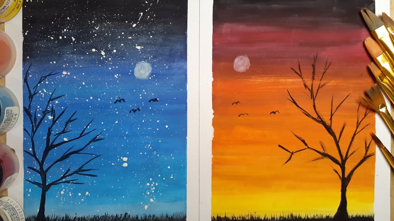 Starry Night and Sunset Painting using Poster Color | Easy Painting for ...