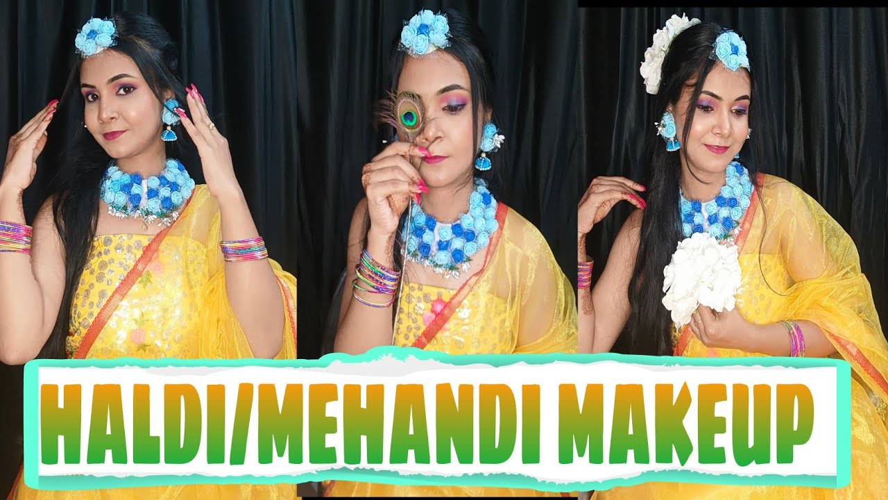 Haldi/Mehandi 💙💛 makeup look/step by step affordable haldi makeup look/haldi beginners makeup ...