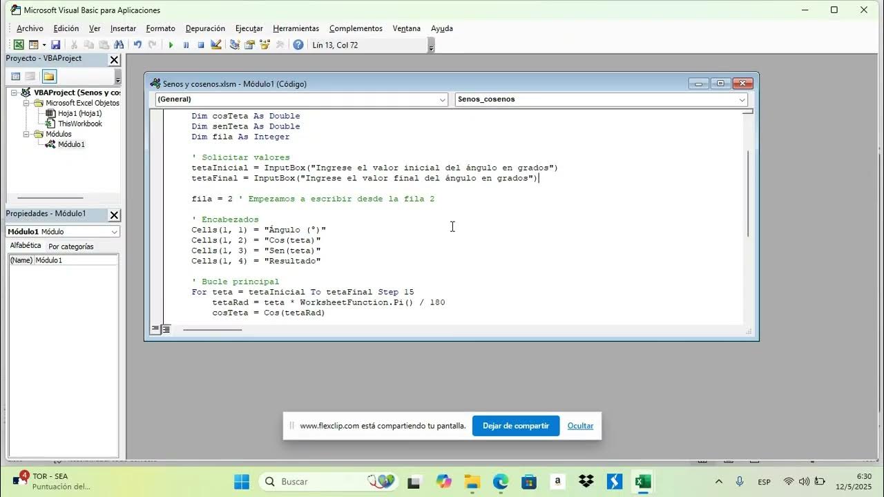 Cálculo de seno y coseno de un ángulo y comparación de resultados utilizando Macros de Excel ...
