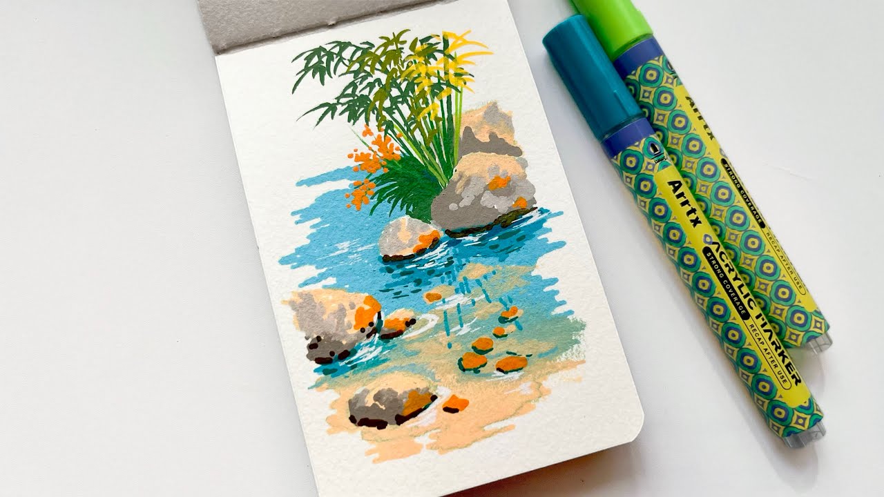How to Draw a Serene Bamboo & Stream Scene with Acrylic Markers - YouTube