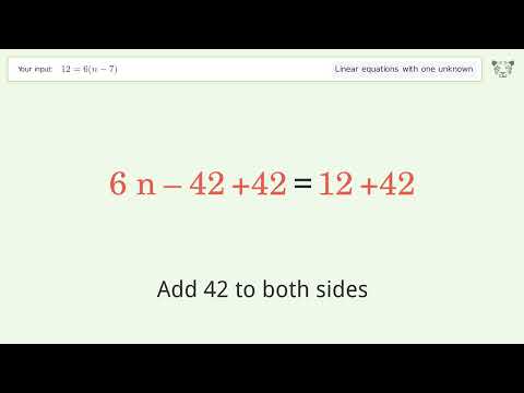 Linear equation with one unknown: Solve 12=6(n-7) step-by-step solution ...