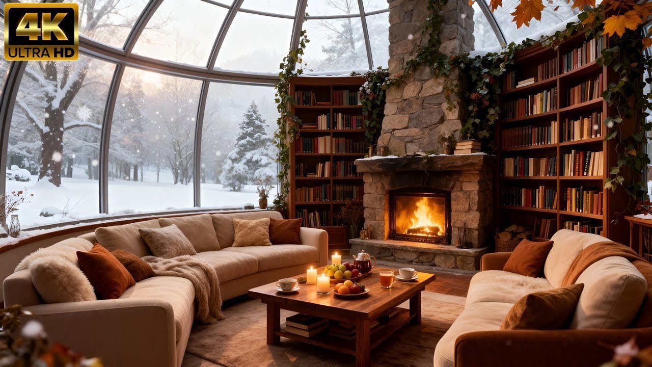 Winter Fireplace Jazz in a Quiet Library – Relaxing Snow Night Ambience ...