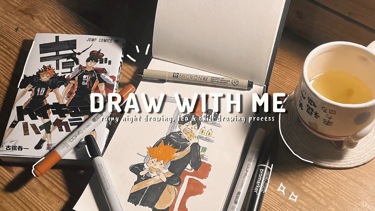 draw with me! rainy night drawing, tea & chill drawing process 🍰 ...