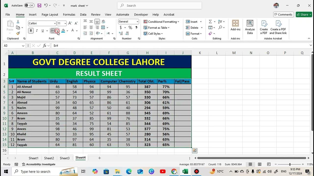 How to create a Marks Sheet in Excel | Result Sheet in Excel | - YouTube