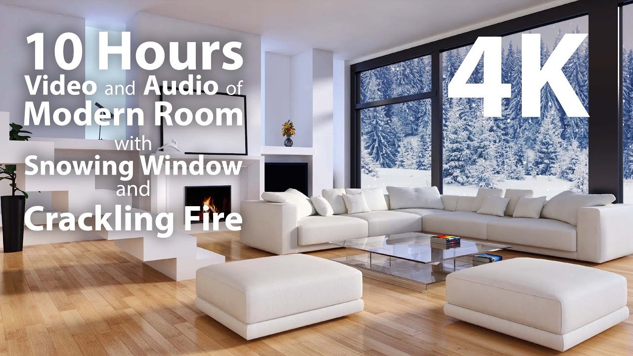 4K HDR 10 hours - Modern Ambient Room with Fireplace & Crackling Audio ...