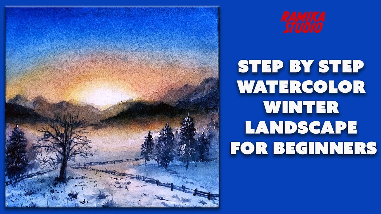 step by step watercolor winter landscape for beginners - YouTube